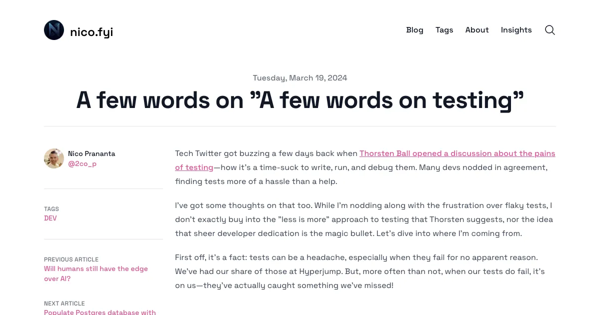 A few words on "A few words on testing" | Nico's Blog