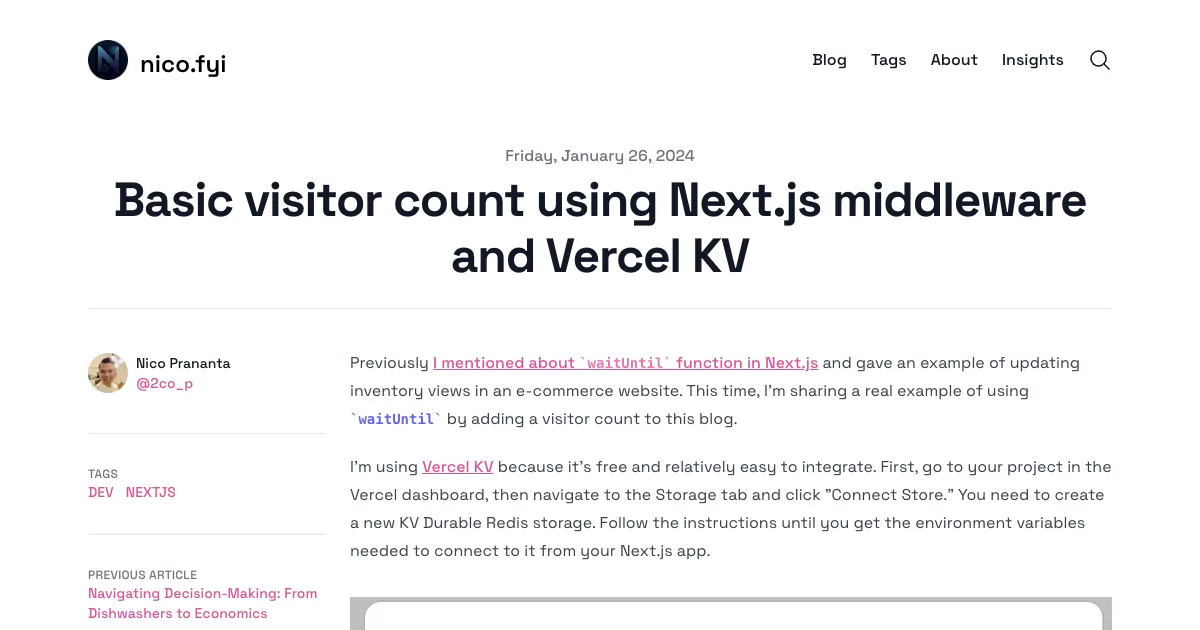 Basic visitor count using Next.js middleware and Vercel KV | Nico's Blog