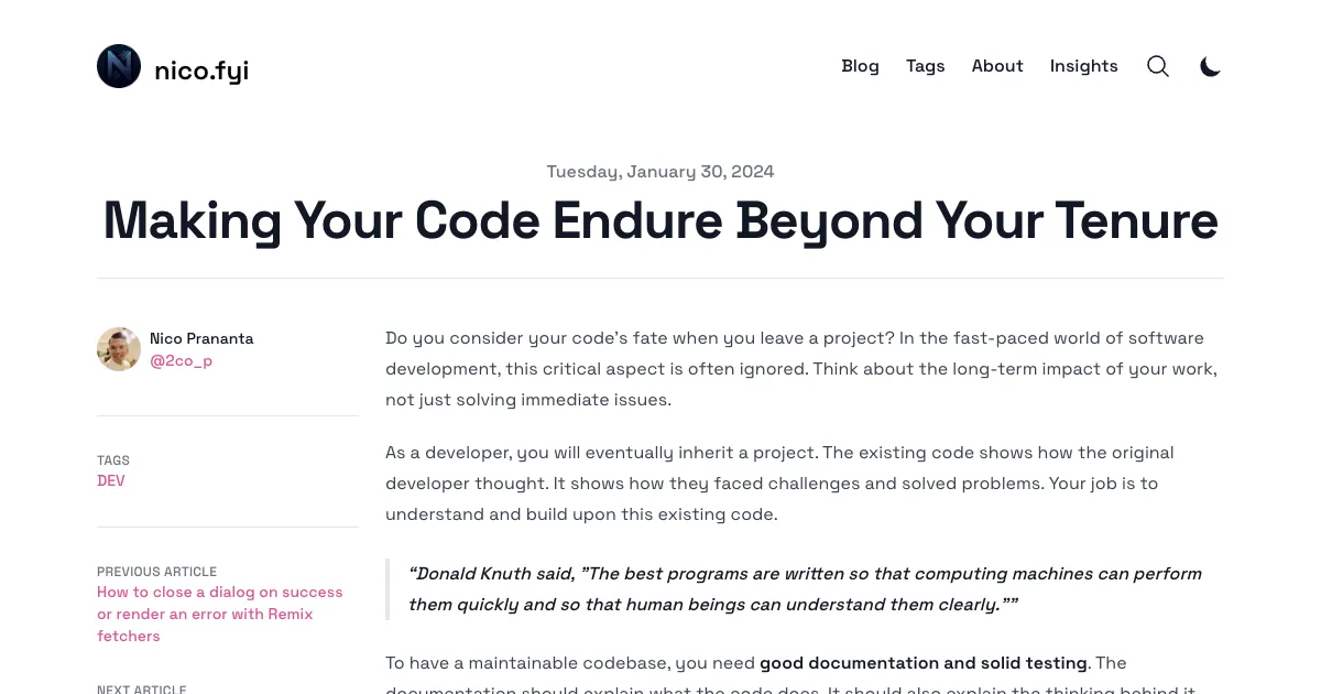 Making Your Code Endure Beyond Your Tenure | Nico's Blog