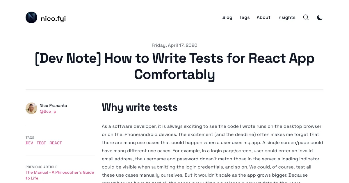 Dev Note How To Write Tests For React App Comfortably Nicos Blog