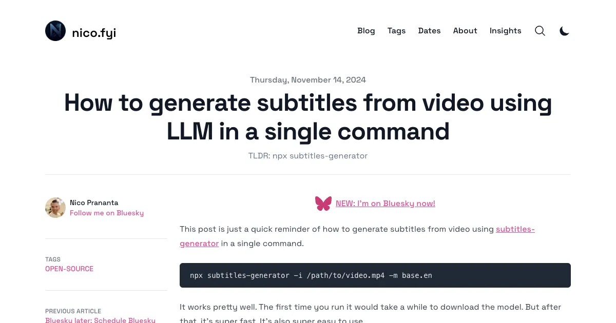 How to generate subtitles from video using LLM in a single command | Nico's Blog