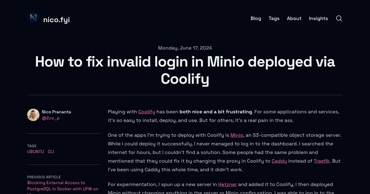 How to fix invalid login in Minio deployed via Coolify | Nico's Blog