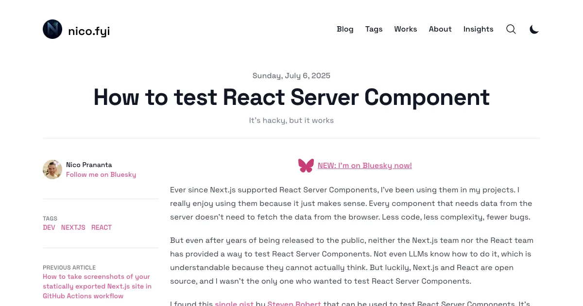 How to test React Server Component | Nico's Blog