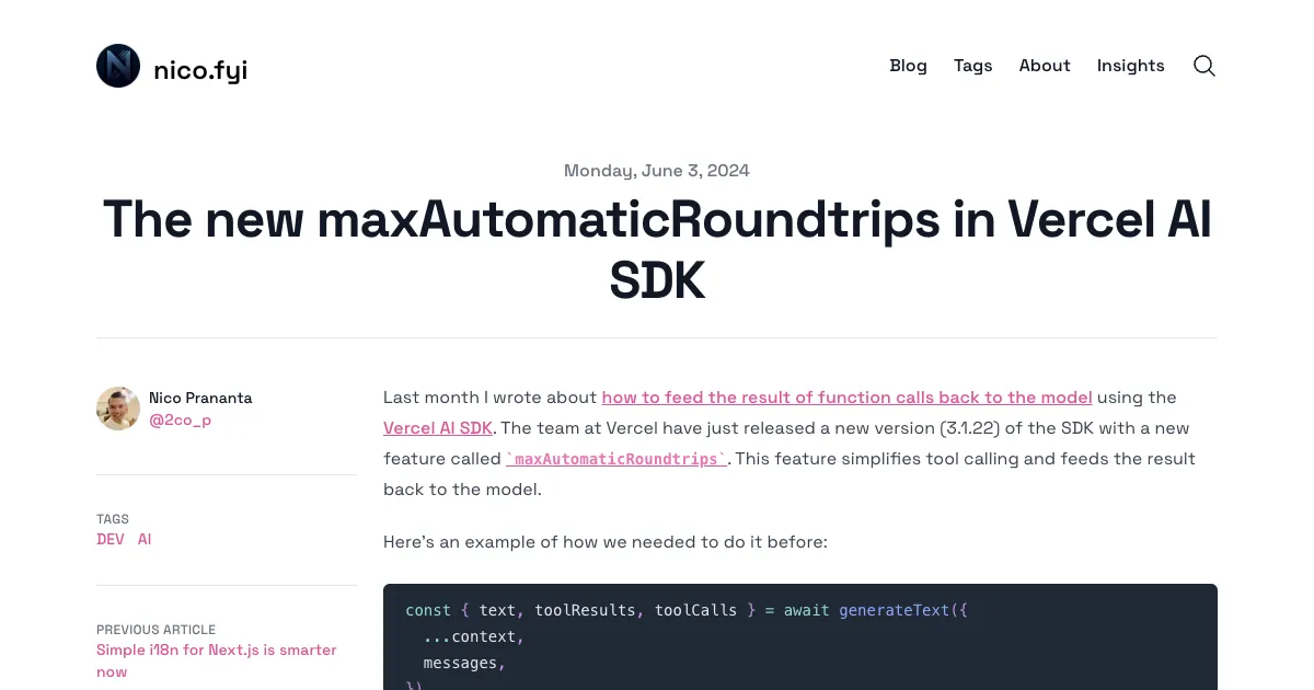 The new maxAutomaticRoundtrips in Vercel AI SDK | Nico's Blog