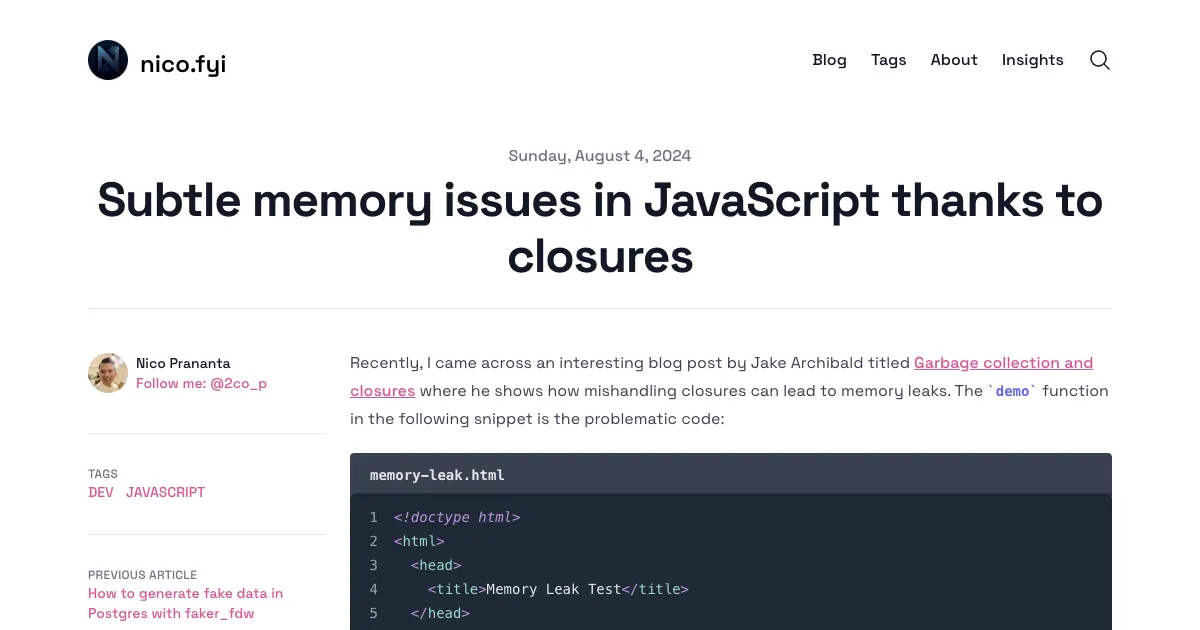 Subtle memory issues in JavaScript thanks to closures | Nico's Blog