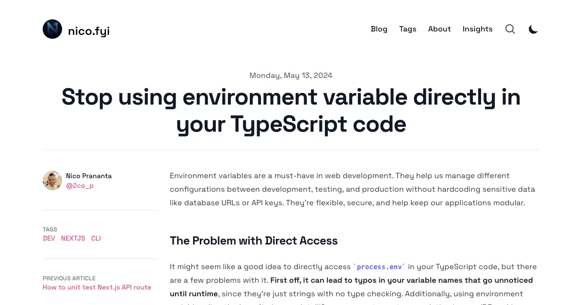 Stop using environment variable directly in your TypeScript code | Nico ... Stop using environment variable directly in your TypeScript code | Nico ...