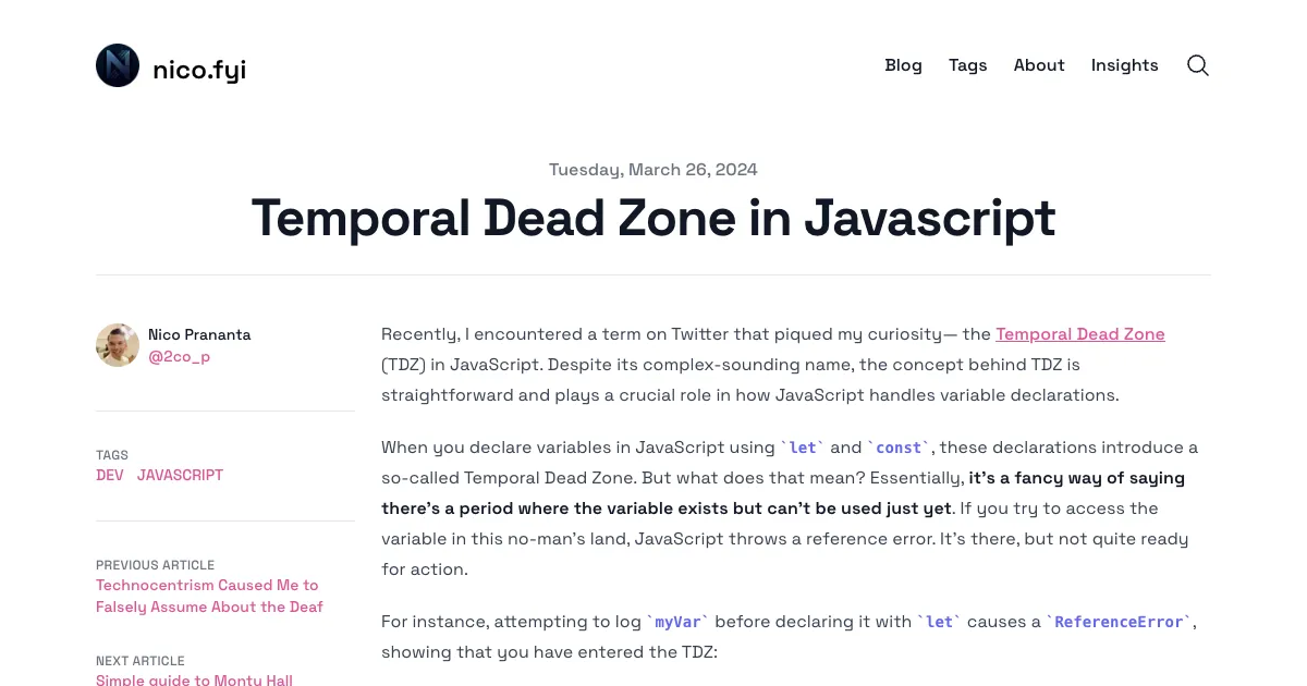 Temporal Dead Zone in Javascript | Nico's Blog Temporal Dead Zone in Javascript | Nico's Blog