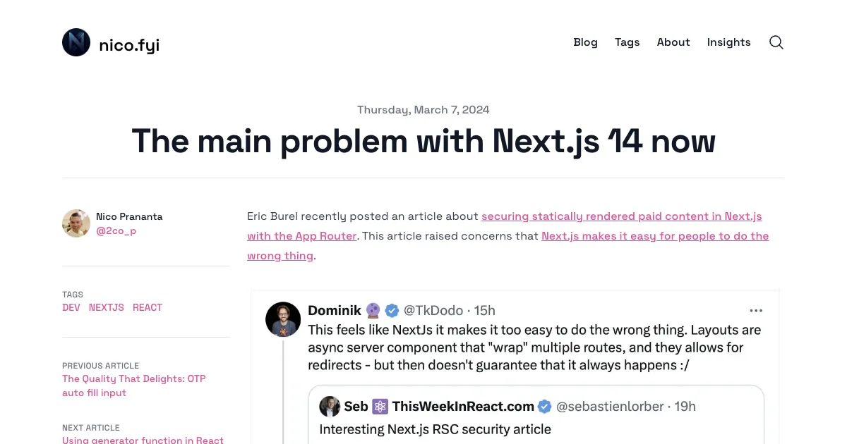 The main problem with Next.js 14 now | Nico's Blog