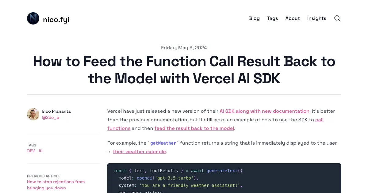 How to Feed the Function Call Result Back to the Model with Vercel AI SDK | Nico's Blog